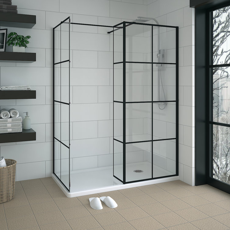 Belfry Bathroom Black Grid Glass Screen with 300mm Return Panel Rectangle Shower Enclosure ...